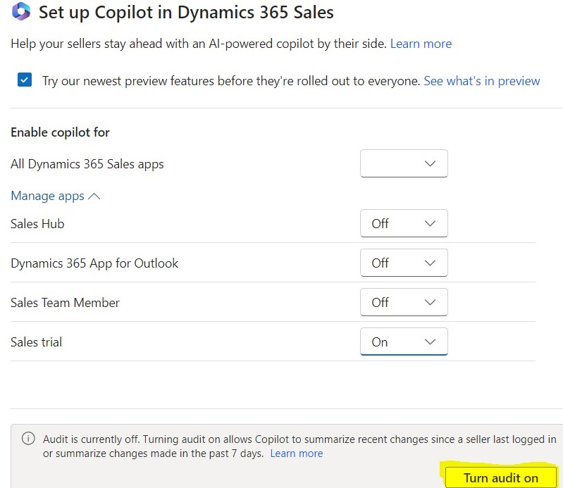 Enable Copilot Features for Sales module in CRM